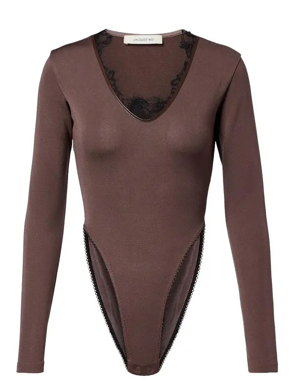 JACQUES WEI Lace-trimmed Bodysuit - Brown