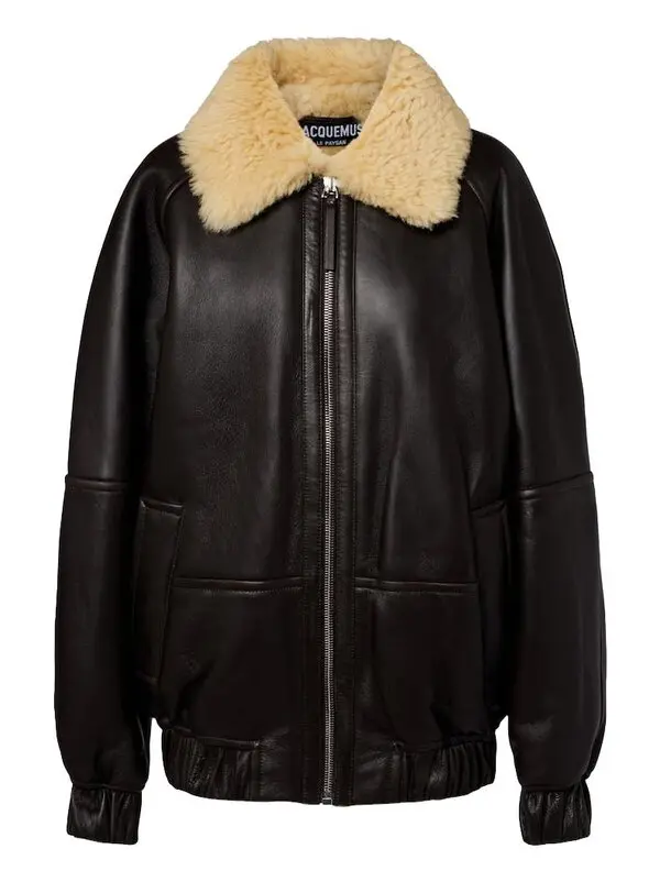 Jacquemus Shearling-trimmed Leather Bomber Jacket - Brown