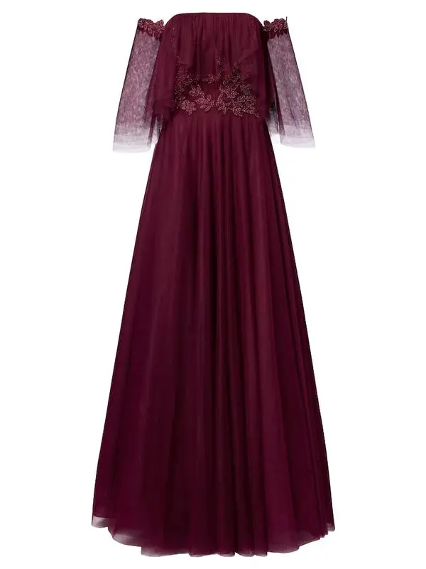 Costarellos Embellished Off-shoulder Tulle Gown - Burgundy