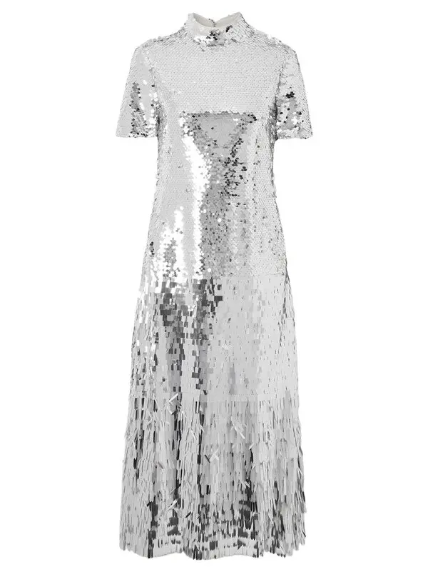 SELF-PORTRAIT Fringed Sequined Tulle Midi Dress - Silver