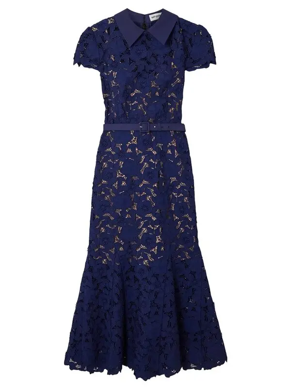 SELF-PORTRAIT Belted Guipure Lace Midi Dress - Blue
