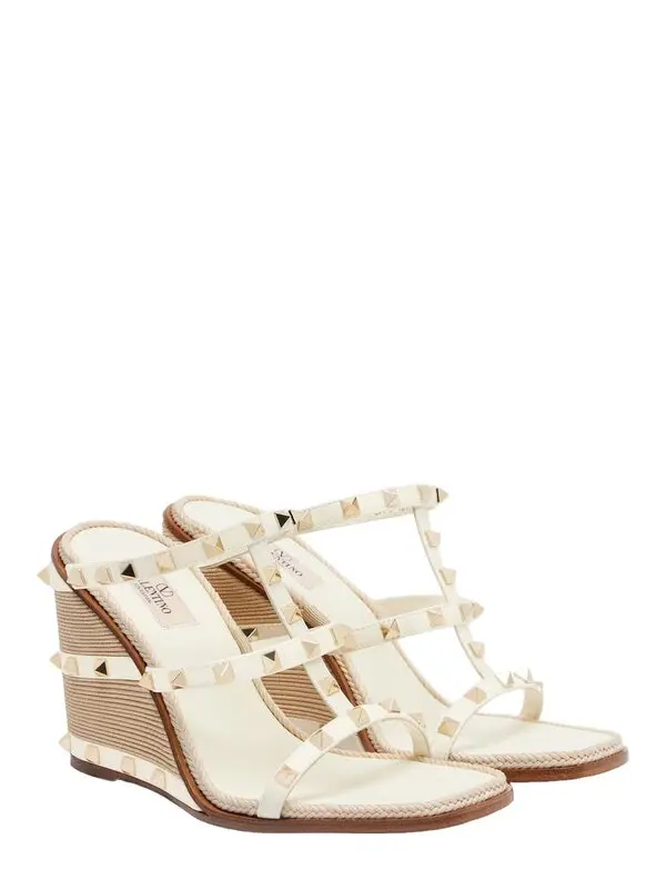 Valentino Garavani Rockstud 100 Leather Espadrille Wedges - White