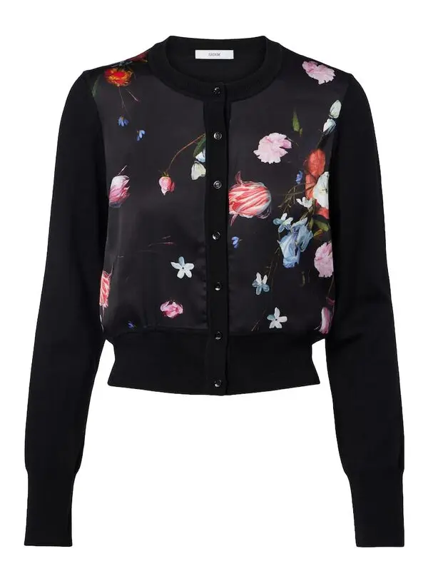 Erdem Floral Printed Cropped Wool Cardigan - Black