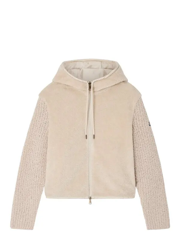 Moncler Hooded Fleece And Wool-blend Bouclé Cardigan - Neutrals
