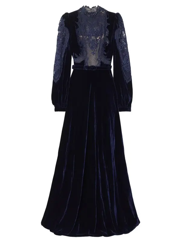 Costarellos Belted Lace-paneled Velvet Gown - Blue