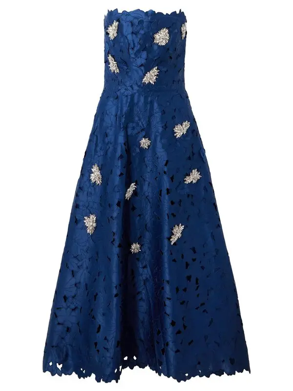 Costarellos Strapless Crystal-embellished Lace Midi Dress - Blue