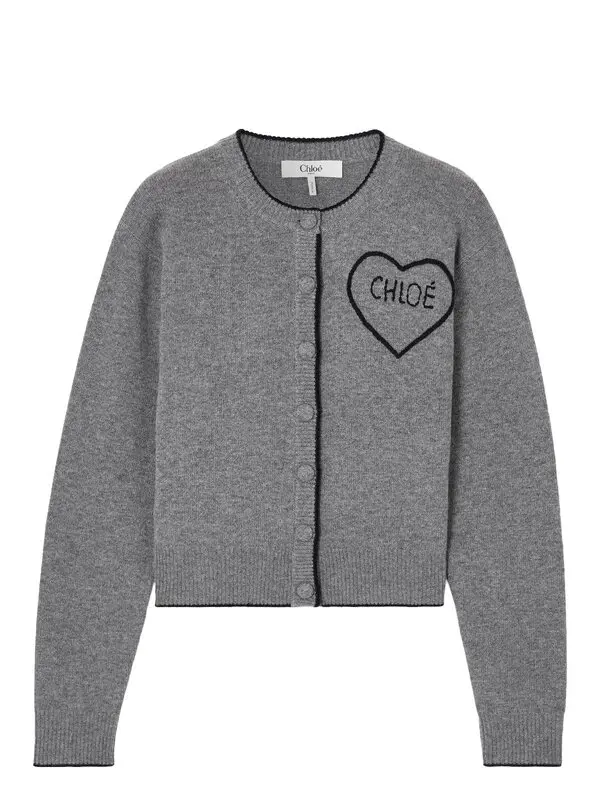 Chloé Embroidered Wool And Cashmere-blend Cardigan - Gray