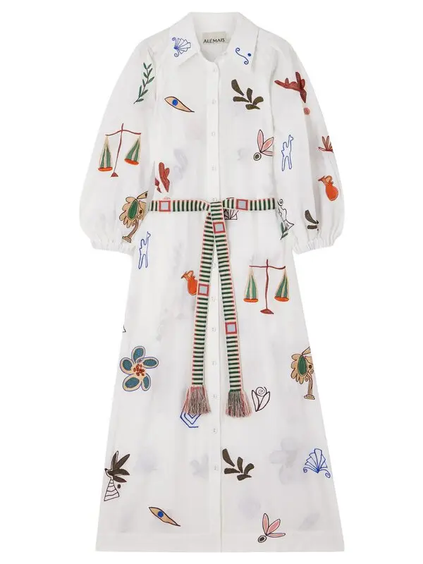 ALEMAIS Lrnce Mina Embroidered Ramie Midi Shirt Dress - Neutrals