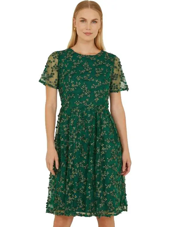 YUMI Embroidered Floral Skater Dress - Emerald Green