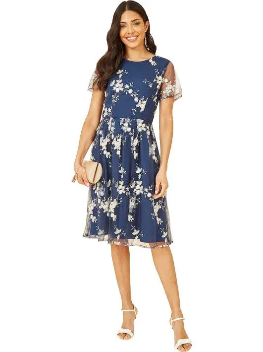 YUMI Embroidered Floral Skater Dress - Navy