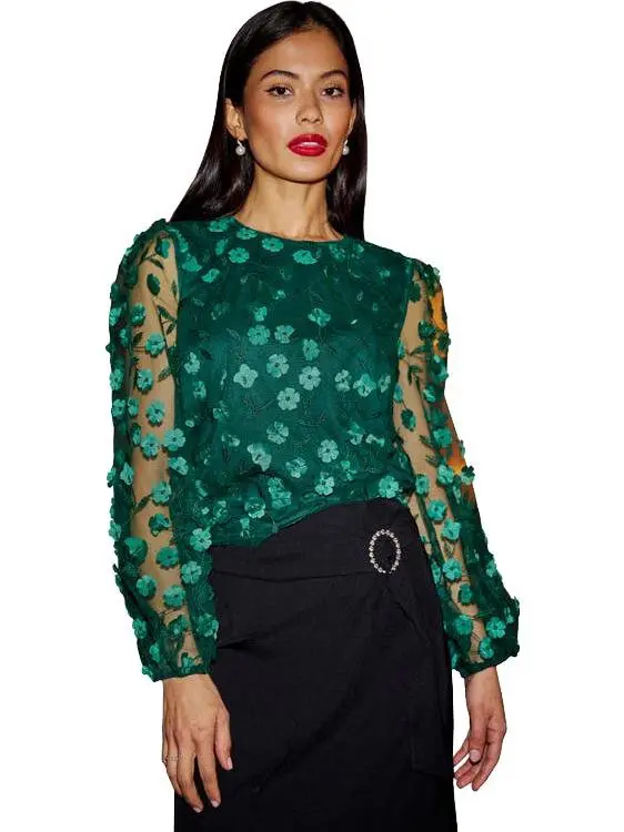 YUMI Long Sleeve Sheer Floral Blouse - Green