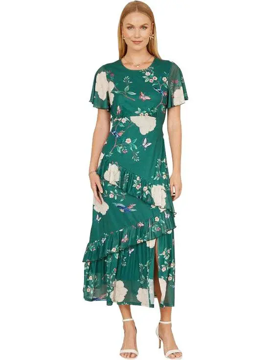 YUMI Mesh Bird And Floral Print Midi Dress - Green