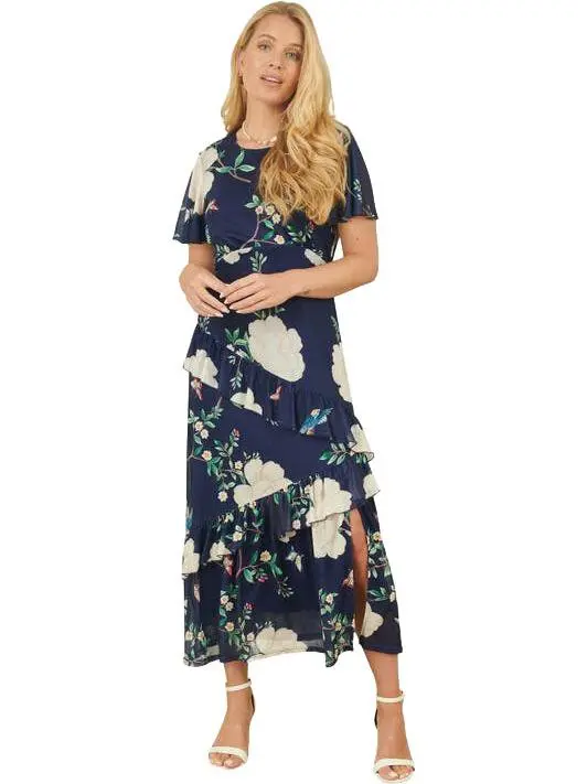 YUMI Mesh Bird And Floral Print Midi Dress - Navy