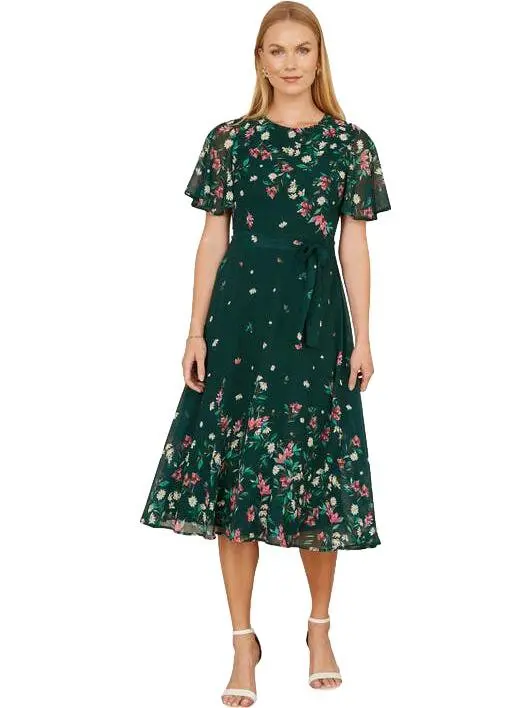 YUMI Daisy Placement Skater Midi Dress - Green