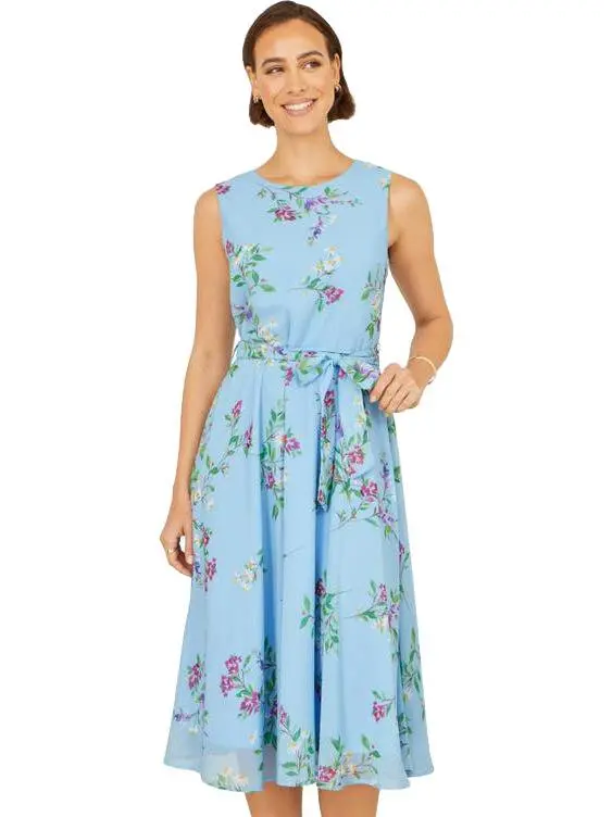 YUMI Sleeveless Tie Waist Printed Midi Dress - Blue