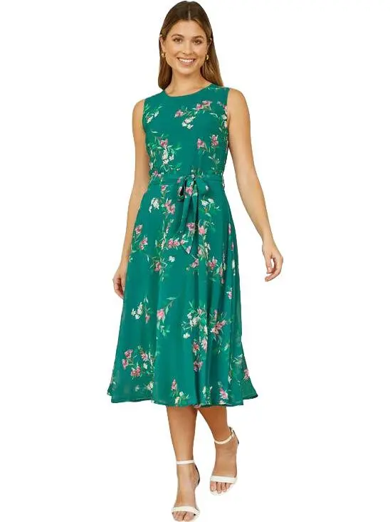 YUMI Sleeveless Tie Waist Printed Midi Dress - Green