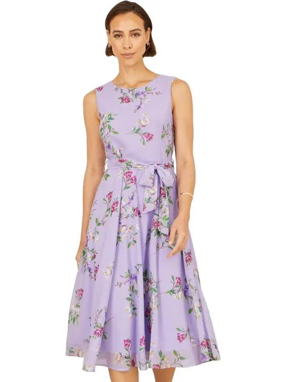 YUMI Sleeveless Tie Waist Printed Midi Dress - Lilac