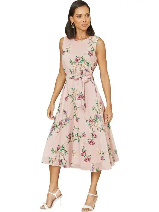 YUMI Floral Print Midi Skater Dress - Pink