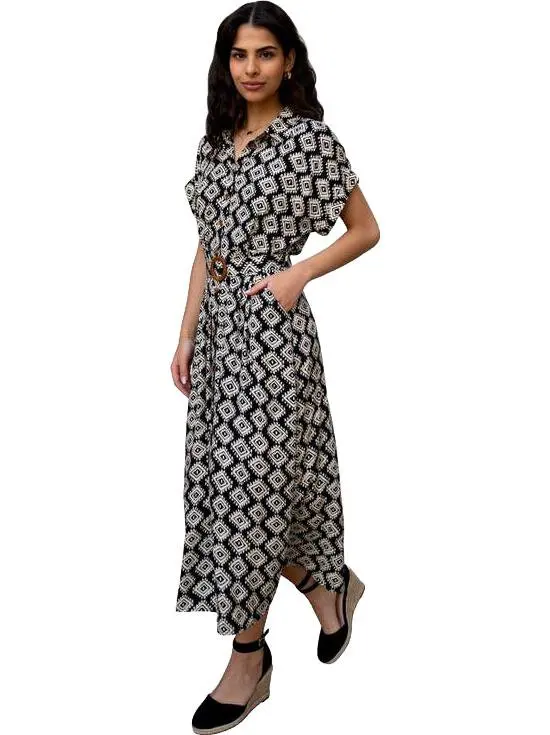 YUMI Belted Midi Shirt Dress - Black