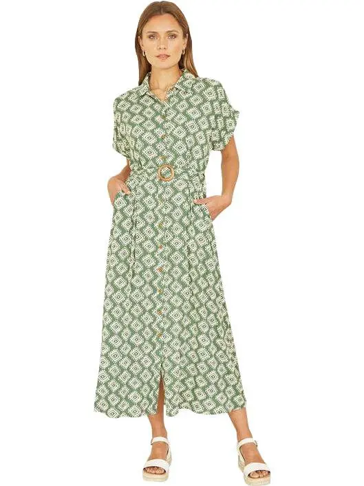YUMI Belted Midi Shirt Dress - Green