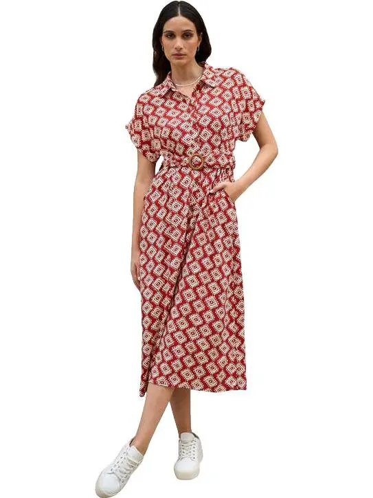 YUMI Belted Midi Shirt Dress - Red