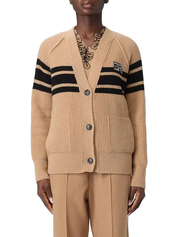 ERMANNO FIRENZE Ribbed Knit Cardigan With Striped Detail - Camel