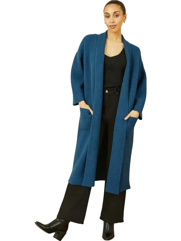 YUMI Knitted Maxi Cardigan With Pocket - Teal