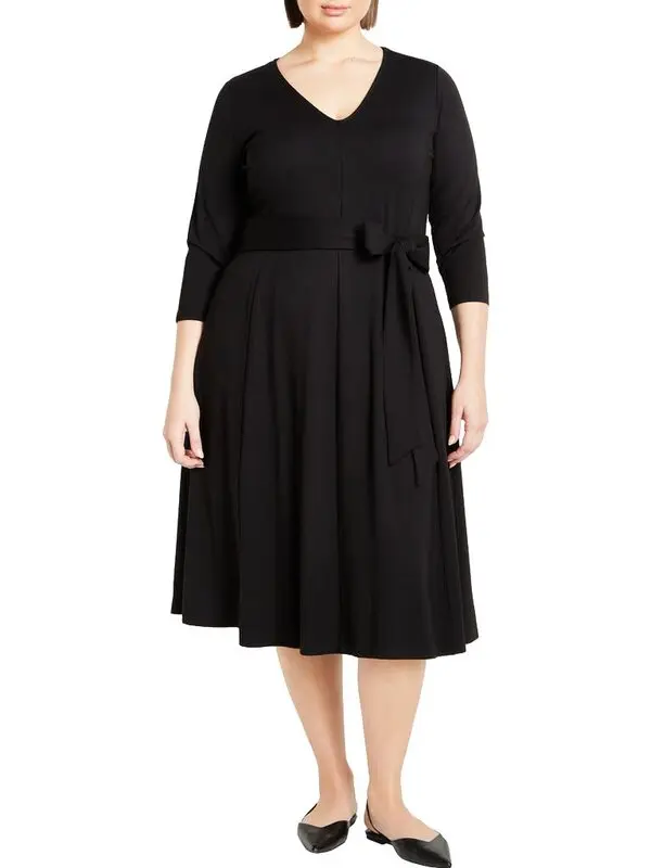 City Chic Tie Waist Stretch Ponte Midi Dress - Black