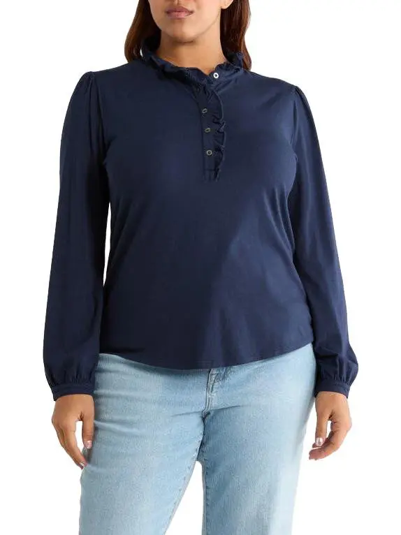Caslon Ruffle Detail Long Sleeve Henley - Navy Still