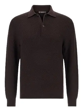 Boggi Milano Long-sleeved Knitted Merino-wool Polo Shirt - Brown