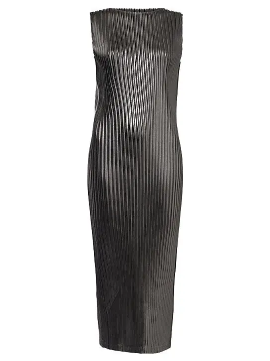 Issey Miyake Glossed Metal Pleats Knitted Maxi Dress - Khaki