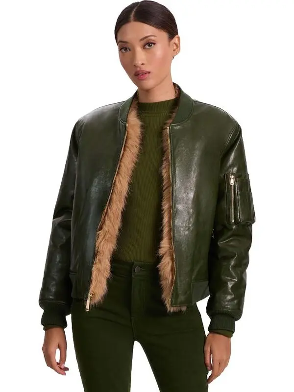 Alice + Olivia Becky Reversible Faux Fur Bomber Jacket - Olive