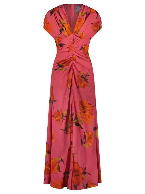 Lela Rose Floral Printed Chiffon Shirred Dress - Multicolor / Pink