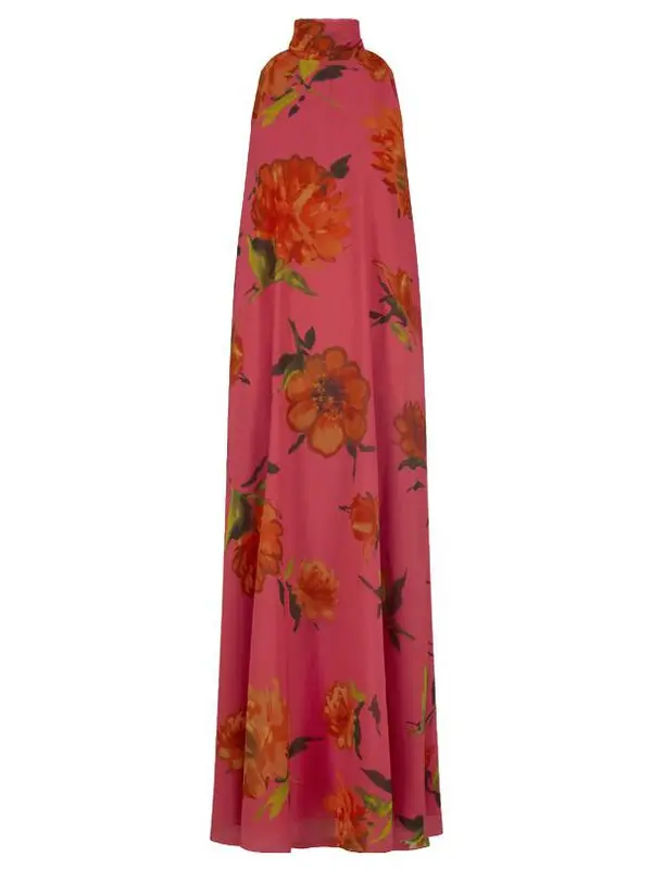 Lela Rose Floral Printed Chiffon Tie Neck Maxi Dress - Multicolor / Pink