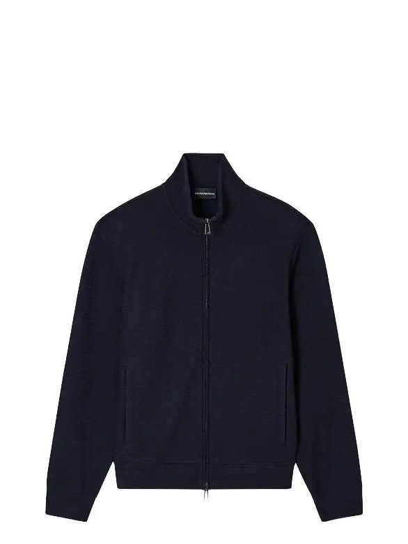 Emporio Armani Full-zip Lyocell Blend Sweatshirt With Jacquard Lettering - Blue