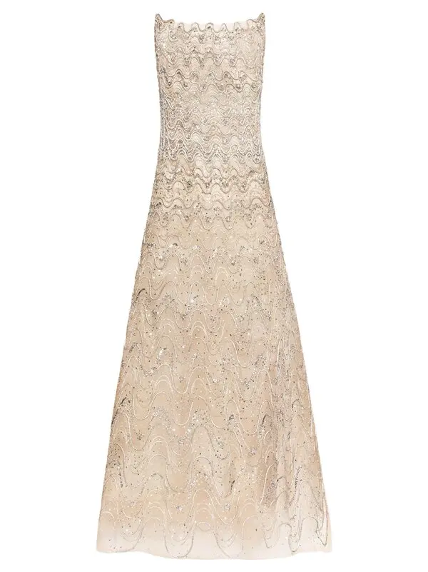 Oscar De La Renta Crystal Wave Embroidered Cocktail Dress - Silver