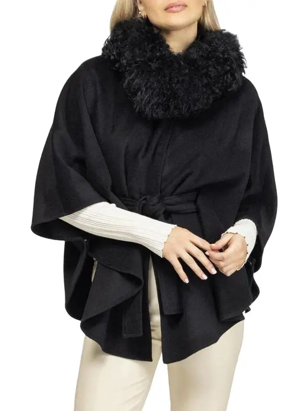 Gorski Wool Belted Cape With Lamb Collar - Black