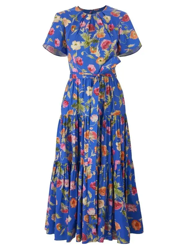 Carolina Herrera Poppy-print Tiered Midi Dress With Sash - Blue