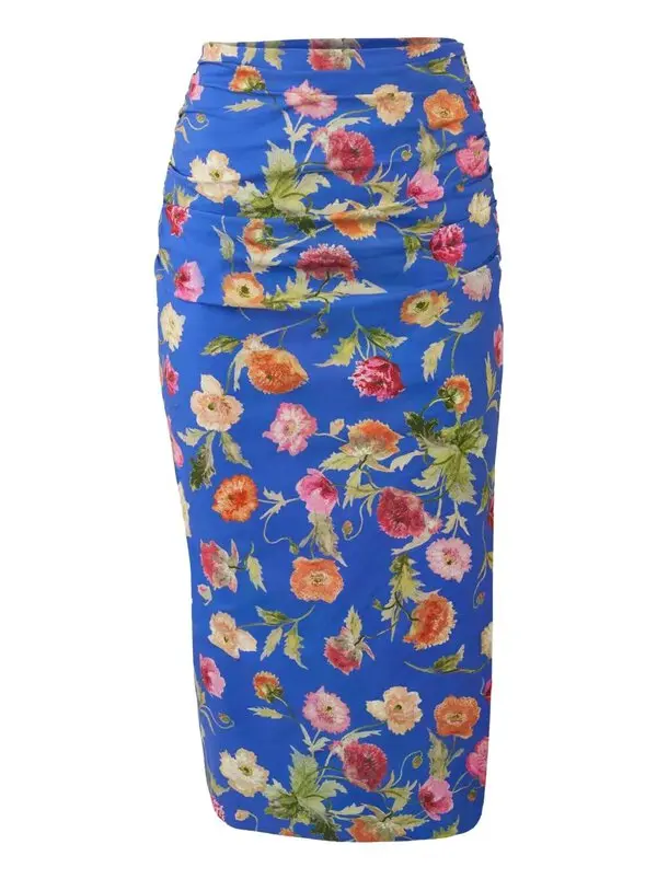 Carolina Herrera Poppy-print Ruched Midi Skirt - Blue