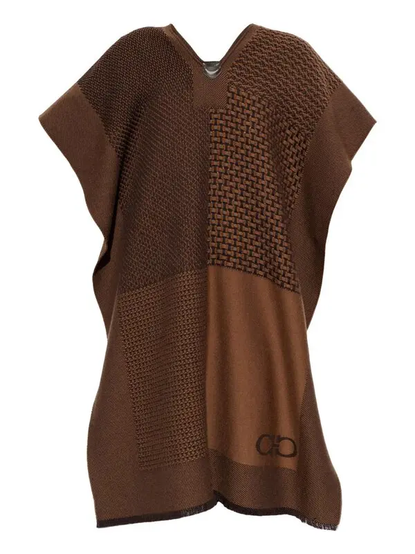 FERRAGAMO Wool Poncho With Geometric Logo Detail - Brown