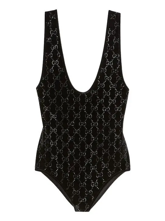 Gucci Chenille Bodysuit With Gg Crystals - Black