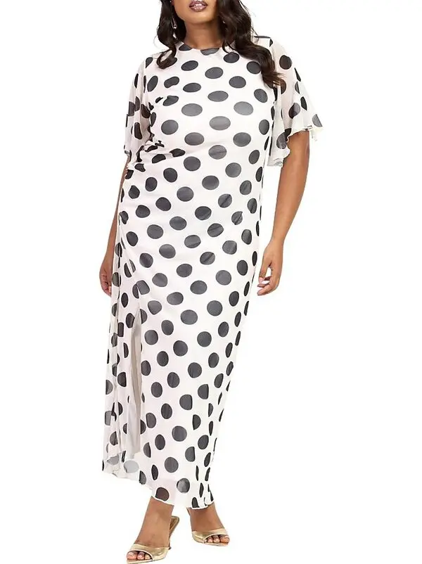 FASHION-SZN CURVE Large Polka Dot Ruched Side Maxi Dress - Beige