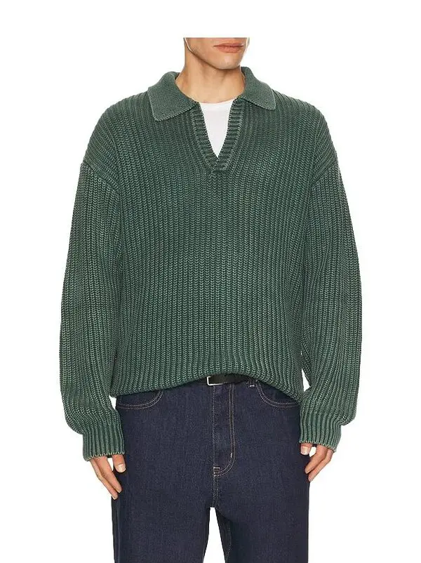 BOUND Open Collar Acid Wash Knit Sweater - Green