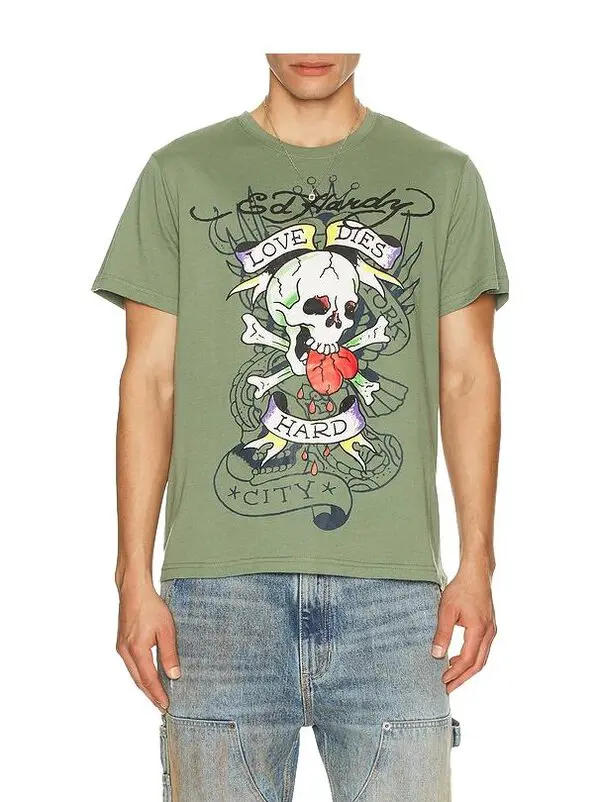 Ed Hardy Heart Skull Tee In Olive - Light Olive