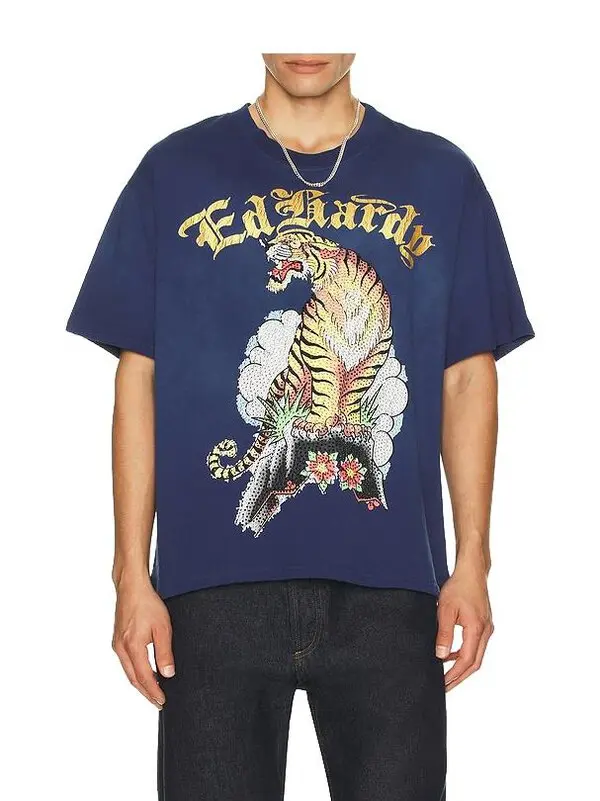 Ed Hardy Tiger Mountain Boxy Tee In Navy - Sunfade Navy