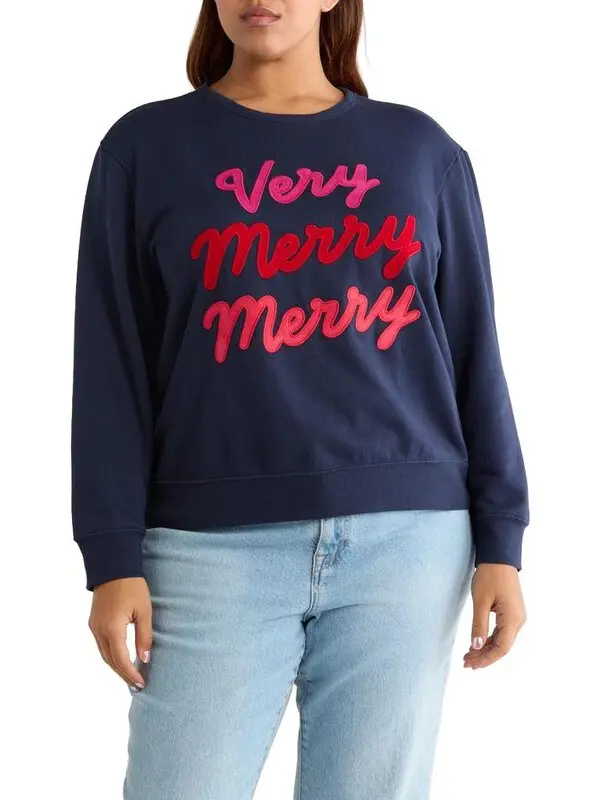 Caslon Festive Sweatshirt With Rib Trim - Navy Still Merry Ember