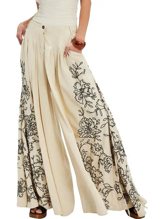 Free People Floral Embroidered Wide Leg Pants - Sand