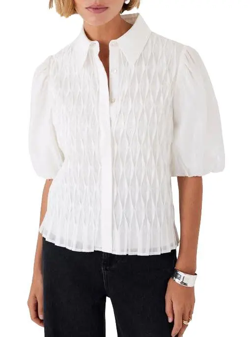 Mint Velvet Textured Puff Sleeve Button-up Blouse - Cream
