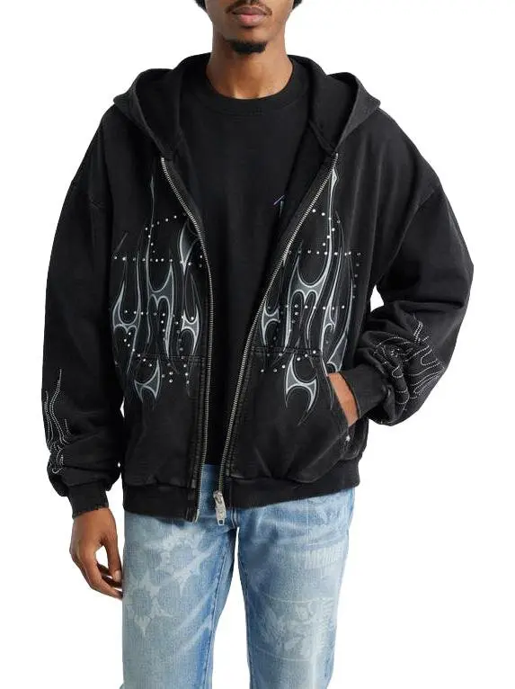 MEMORY LANE Flame Studded Graphic Zip Hoodie - Black
