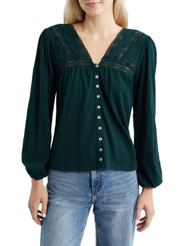 Lucky Brand Lace Yoke Peasant Top - Magical Forest